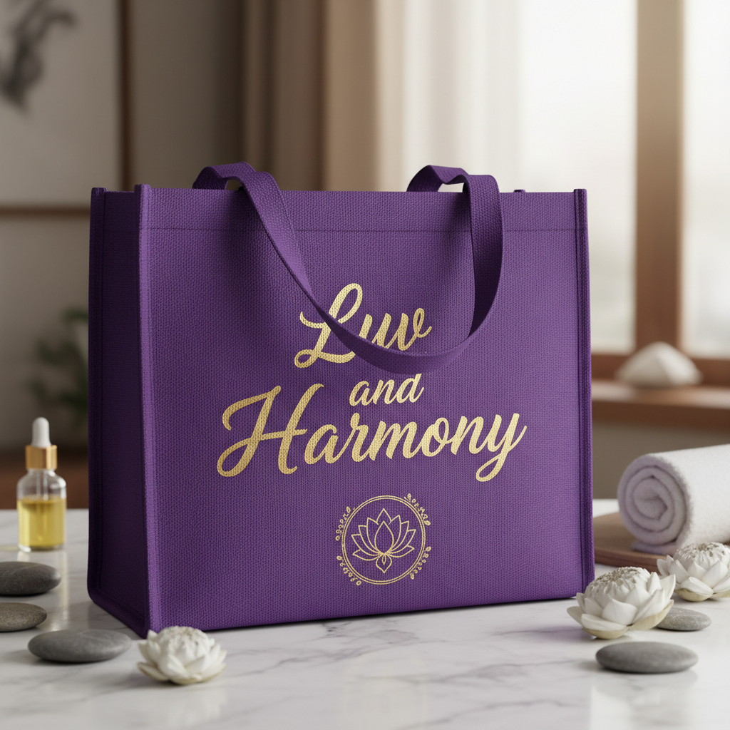 Luv and Harmony Purple Tote Bag with Gold Logo - Premium Canvas Bag